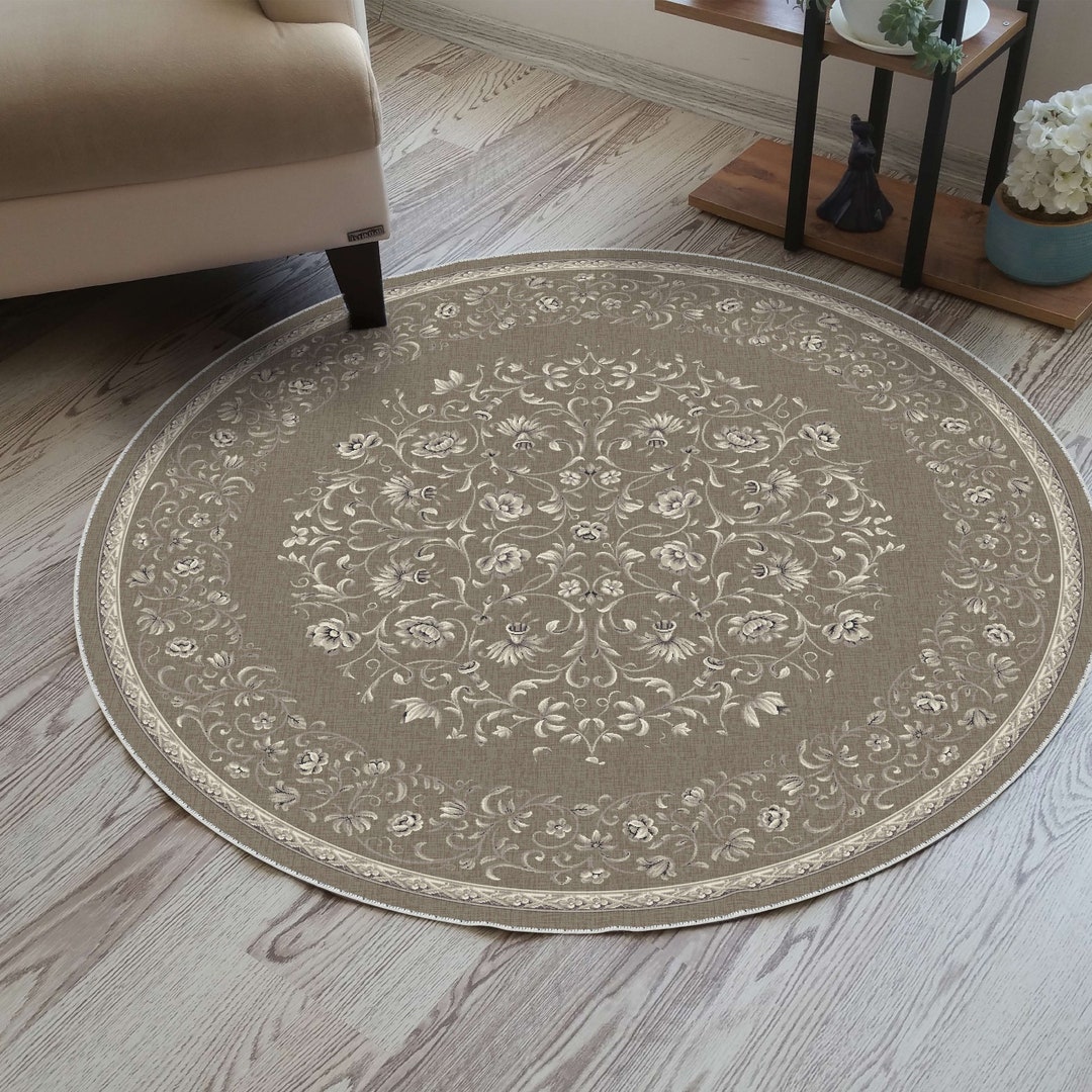 Round Turkish Floral Rug for Entry, Taupe Rose Vintage Style, Non-slip ...