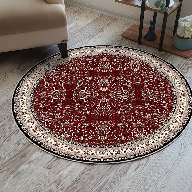 Round Turkish Rug, Burgundy White, Boho Floral, Antique Classic ...