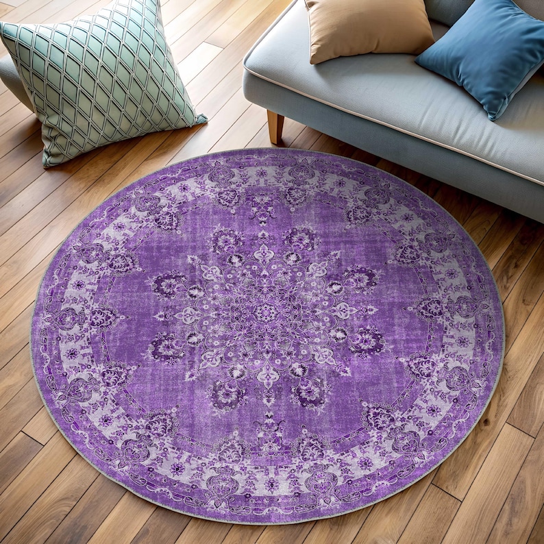 Round Turkish Rug, Orange Cream Area, Boho Floral, Rustic Antique ...