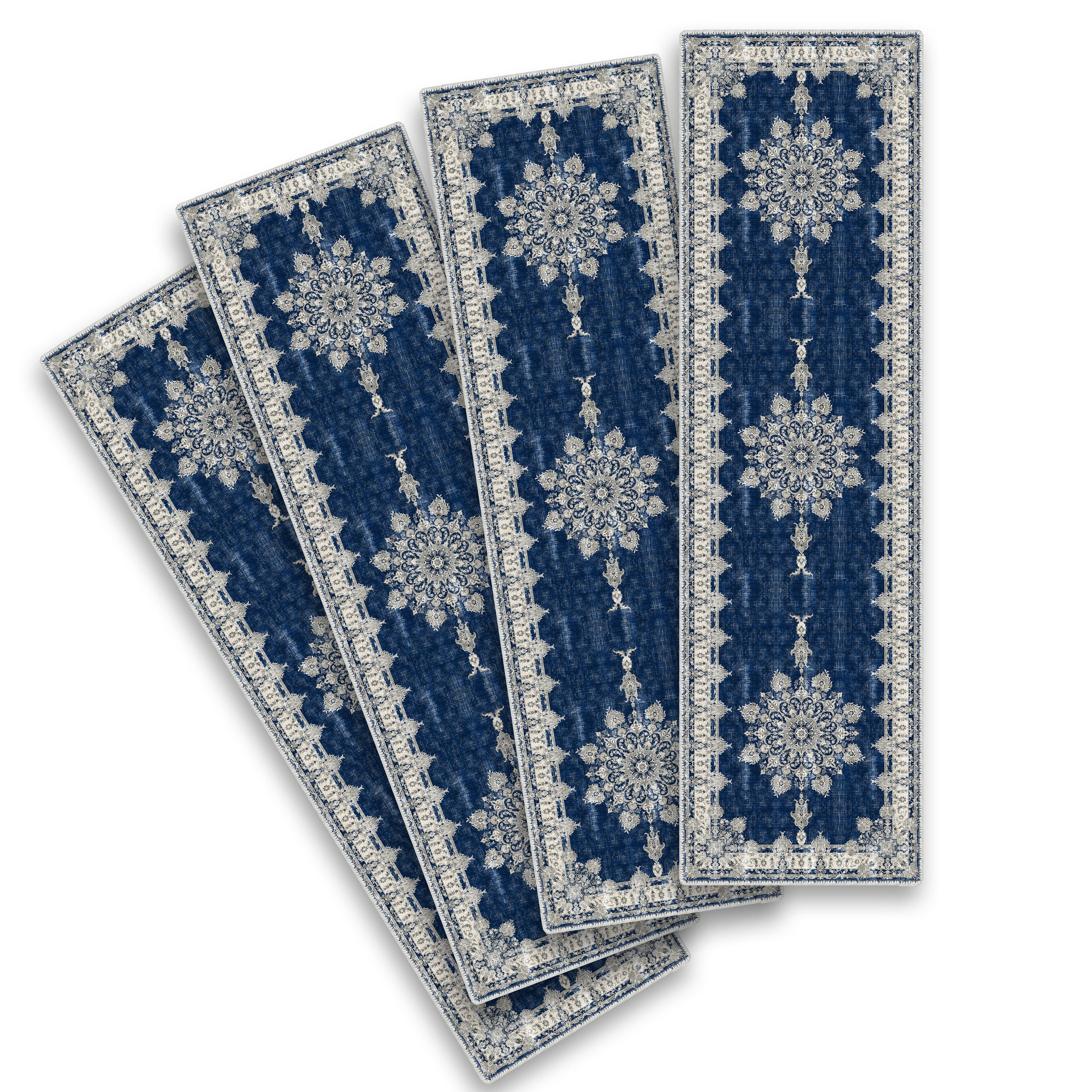 Navy Blue Stairs Treads Rug, Bohemian Traditional, Antique Floral Stair ...