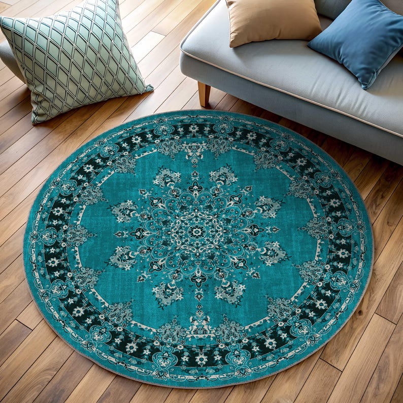 Round Turkish Rug, Orange Cream Area, Boho Floral, Rustic Antique ...