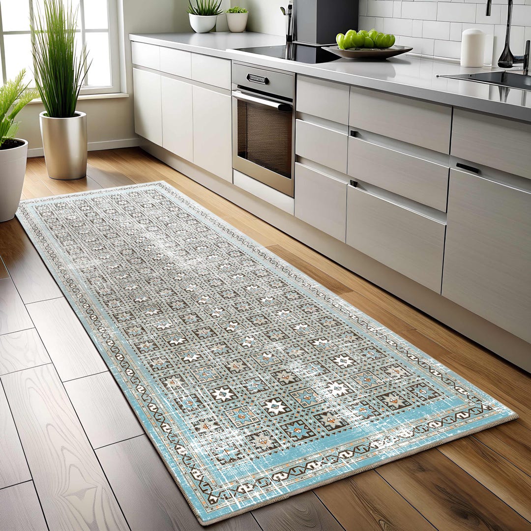 Turquoise Rustic Runner Rug, Aqua Traditional Rug, Luxury Farmhouse ...