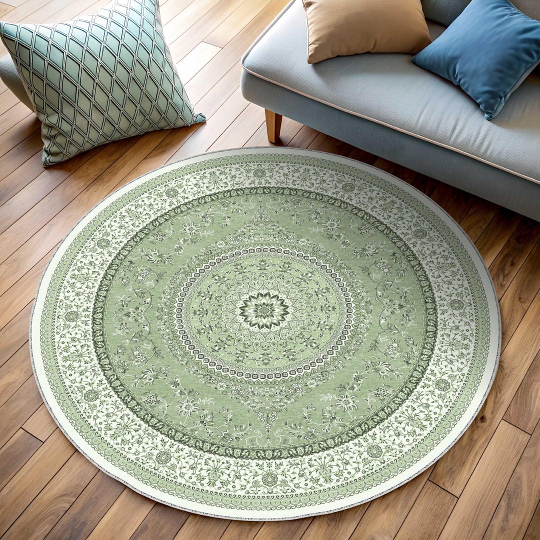 Modern Vintage Rug, Circle Sage Green Rug, Oushak Turkish, Circular ...