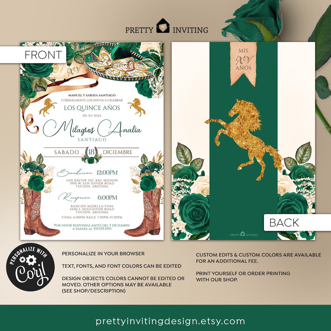 Emerald Green Rose Fancy Charro, Mariachi Country Western, Mis XV Green ...