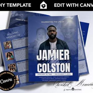Funeral Memorial Program Booklet, Modern Masculine Obituary, Royal Blue ...