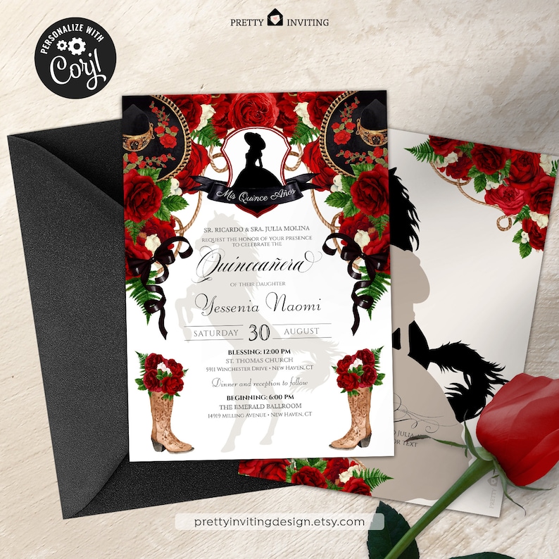 Mariachi Black & Red Charro, Elegant Floral Quince Birthday Invite, Red ...