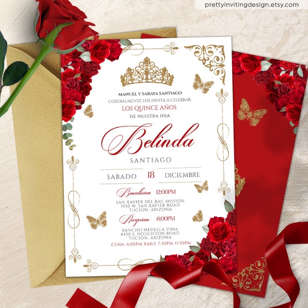 Butterfly Red Quinceanera Invitation Template - Etsy