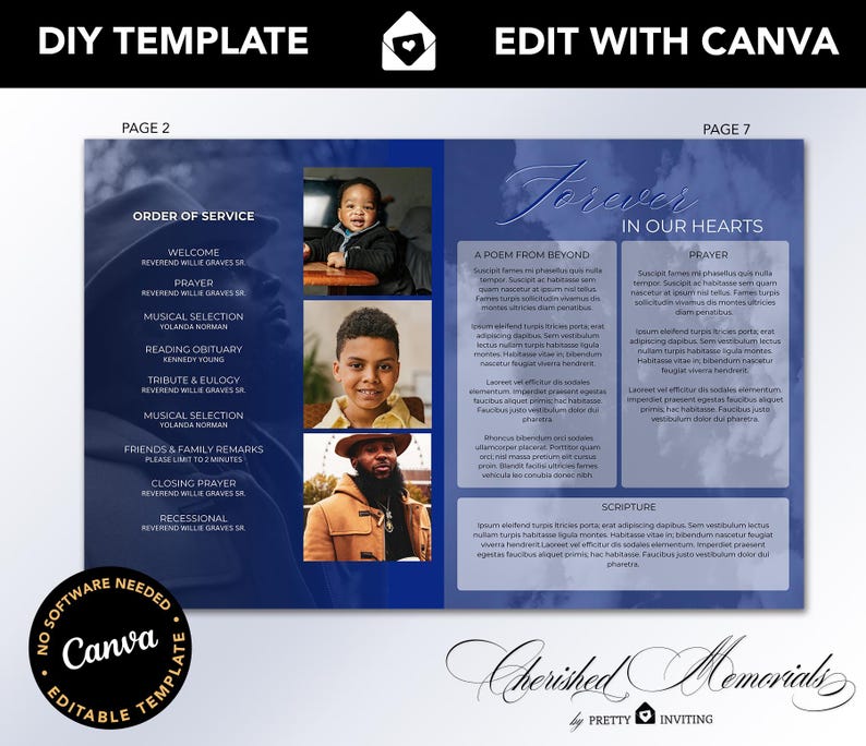 Funeral Memorial Program Booklet, Modern Masculine Obituary, Royal Blue ...