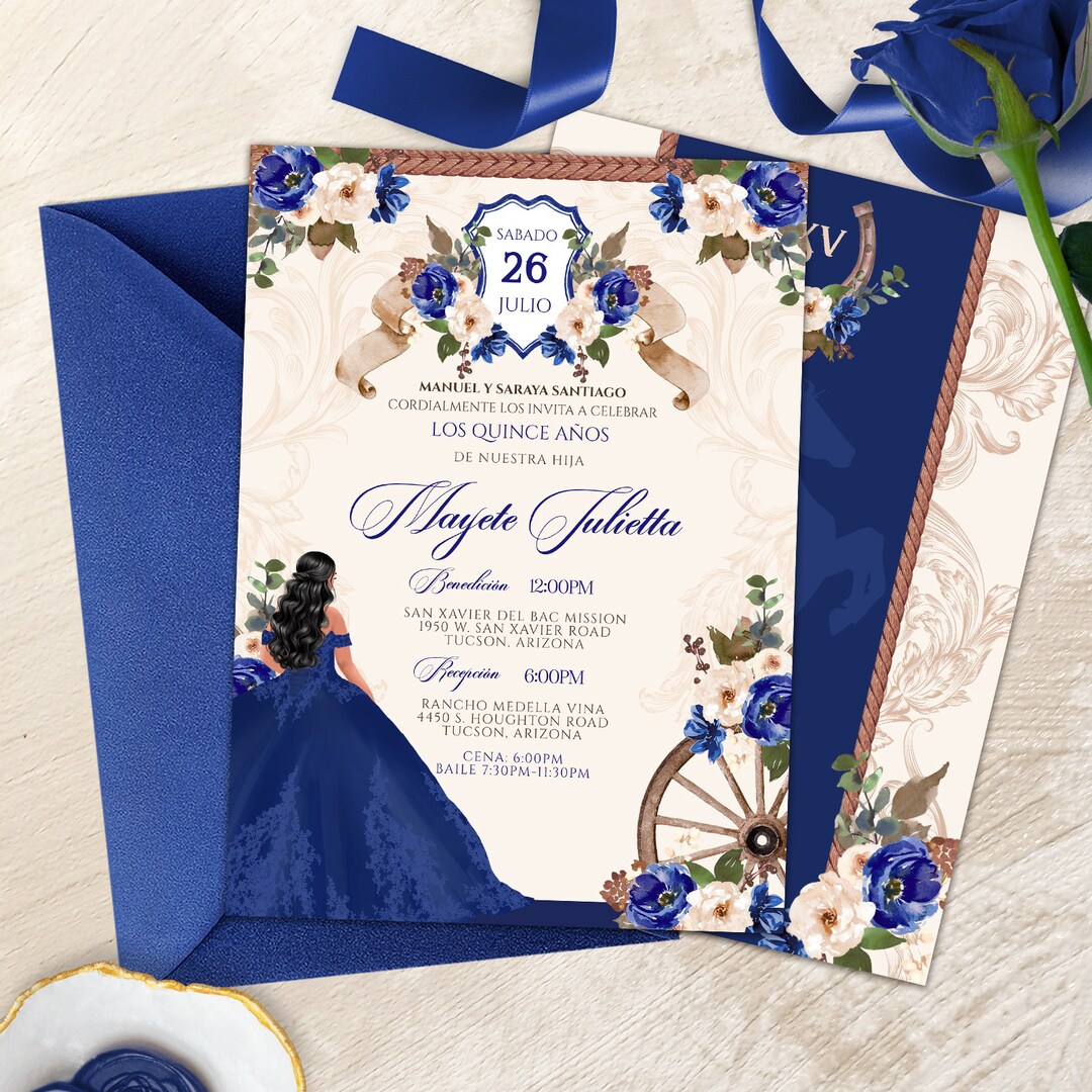 Elegant Blue Floral Charro Invitation, Ornamental Western Quince, Royal ...