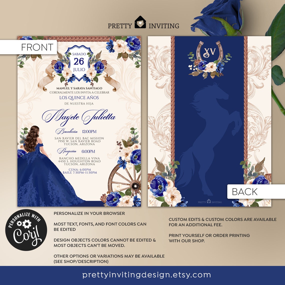 Royal Blue Floral Charro Quinceanera Invitation, Elegant Western Quince ...