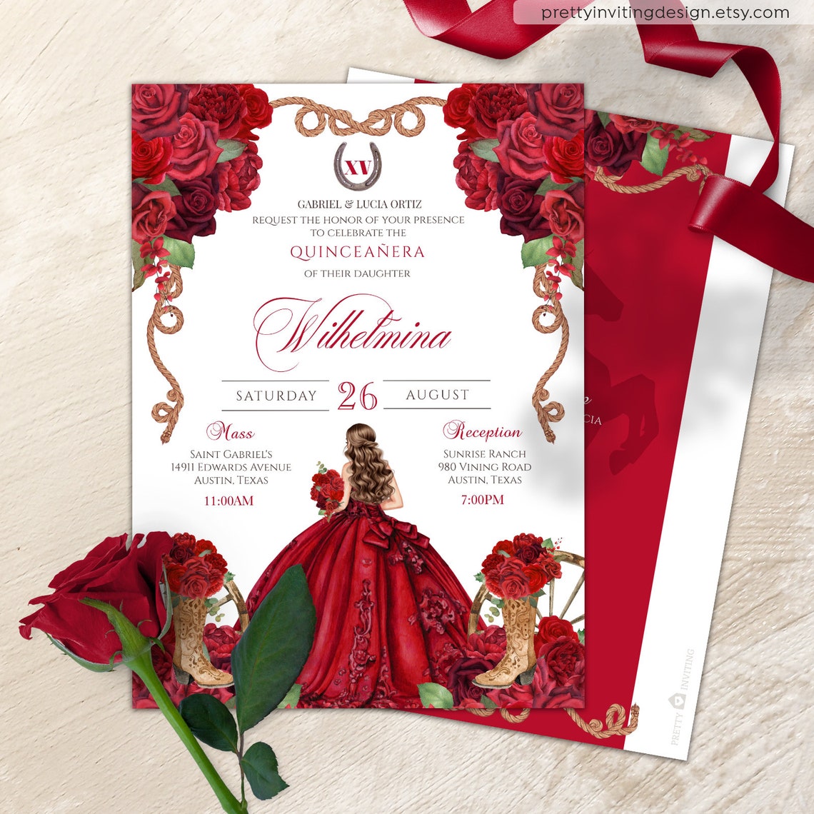 Elegant Red Charro Quinceañera Invitation, Red Rose Charra Western ...