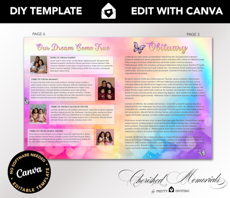 Pastel Rainbow Girl Obituary Program Template, 8 Page Tabloid Size for ...