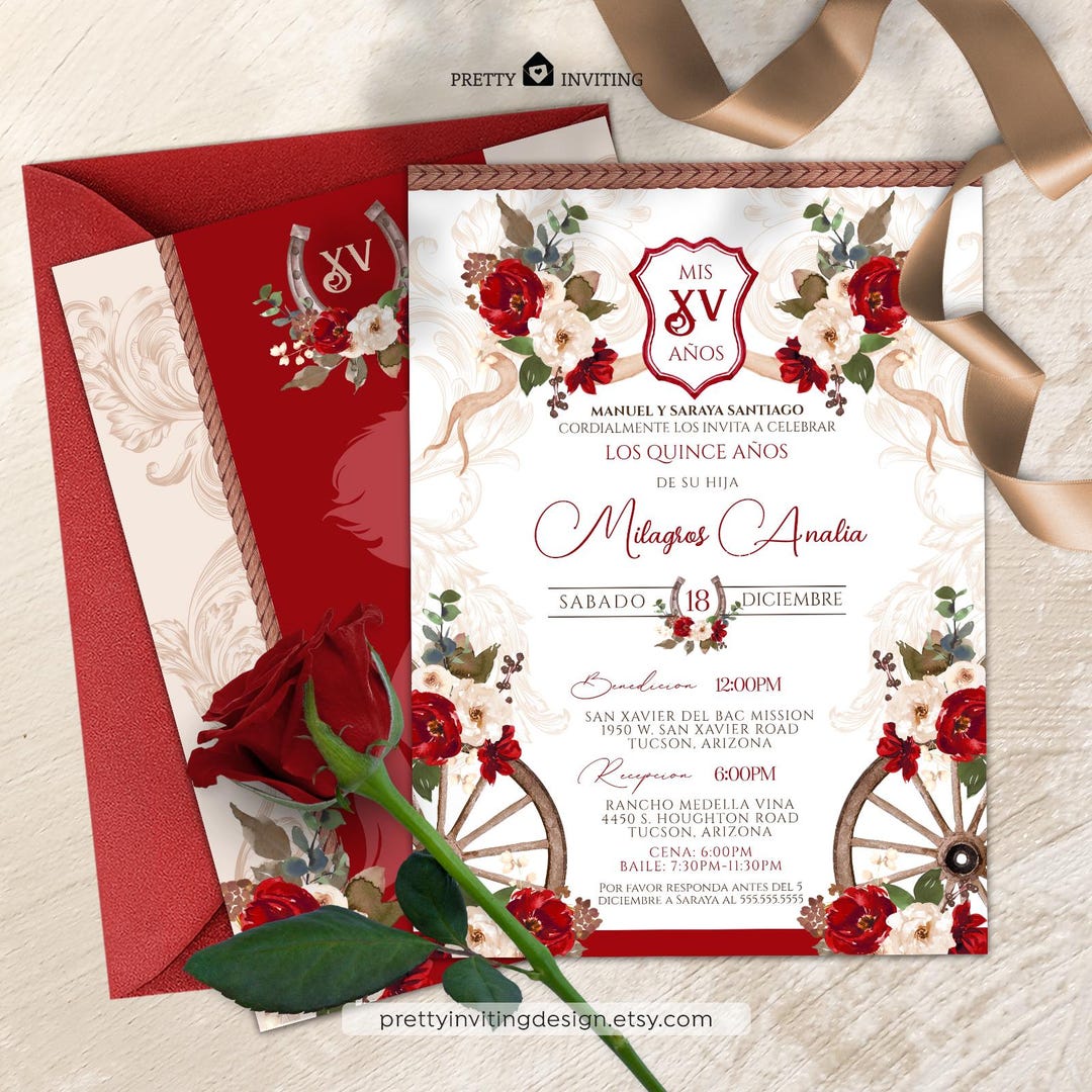 Baroque Charro Quinceanera Invitation, Red Western Quince, Ruby Red ...