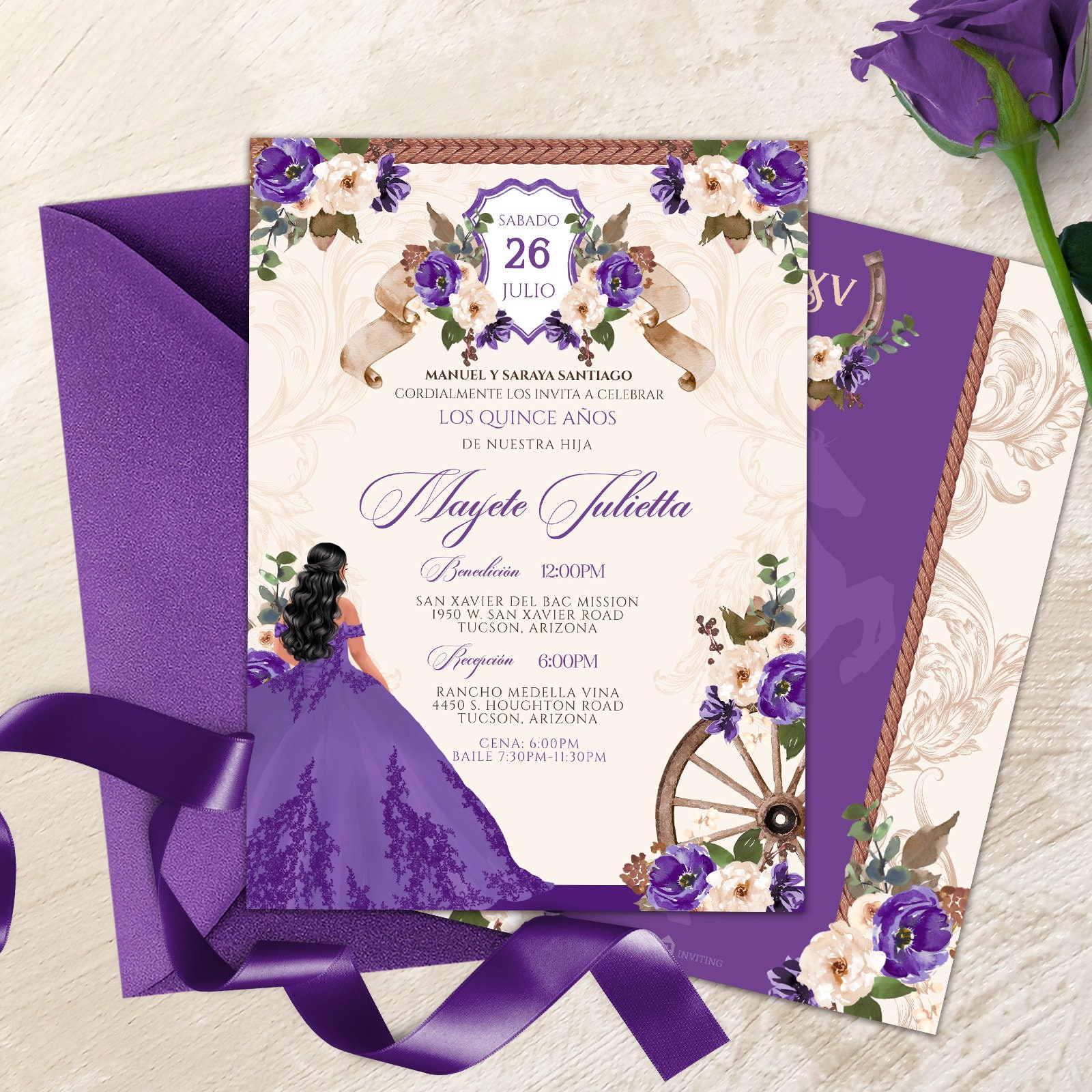Purple Charro Quinceanera Invitation, Violet Western Quince, Purple Elegant Western Quinceanera ...