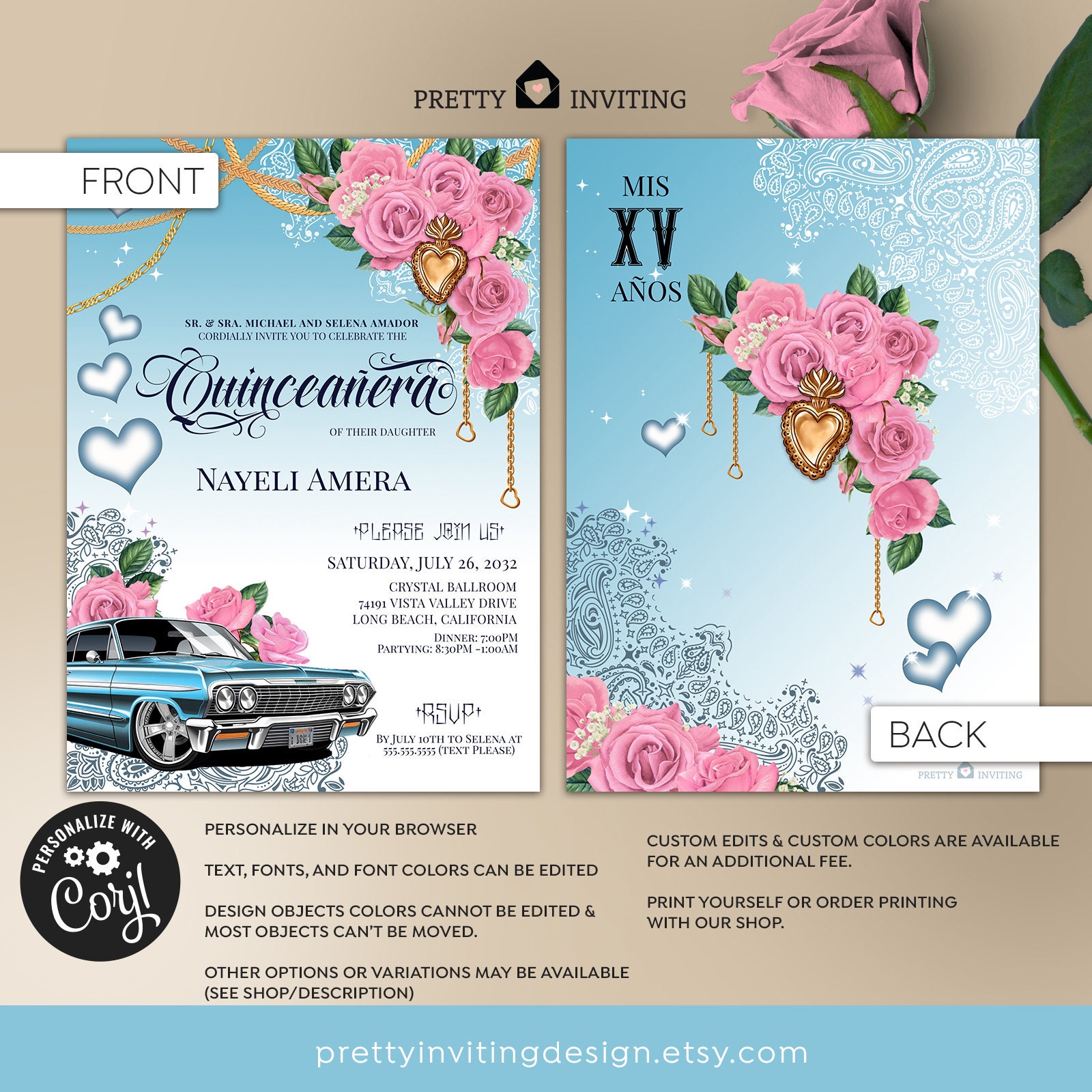 Lowrider Chicana Quinceanera Invitation, Pink Rose & Light Blue Old ...