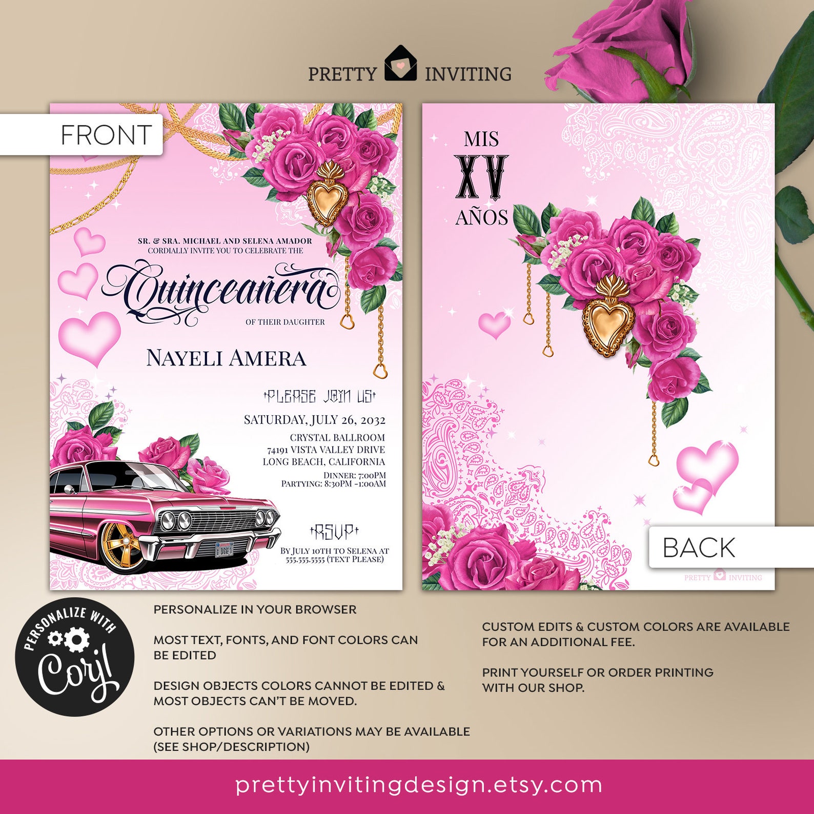Lowrider Chicana Quinceanera, Hot Pink Rose & Pink Impala, Sacred Heart ...