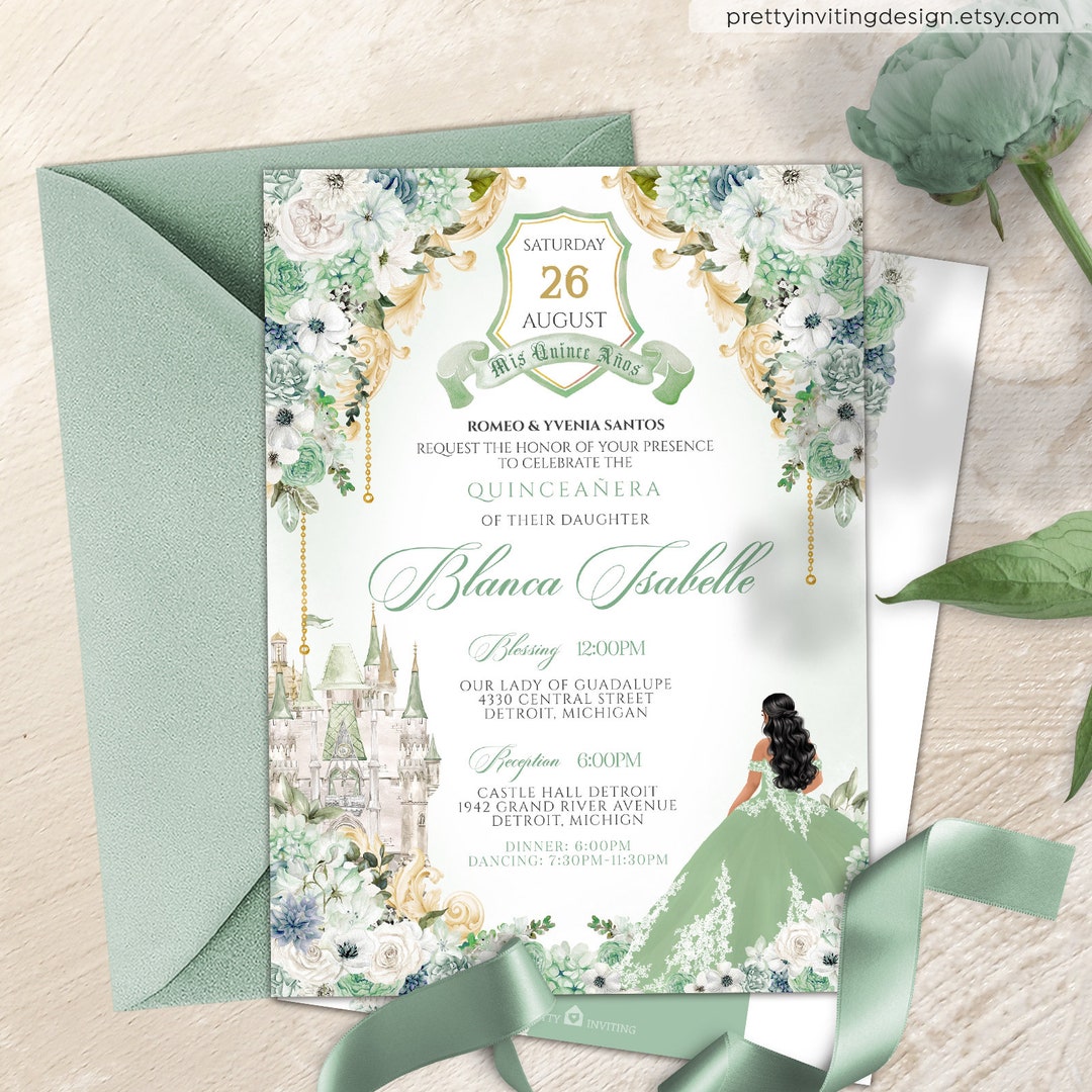 Royal Princess Quinceanera Invitation, Mint Green Fairytale Quinceañera ...