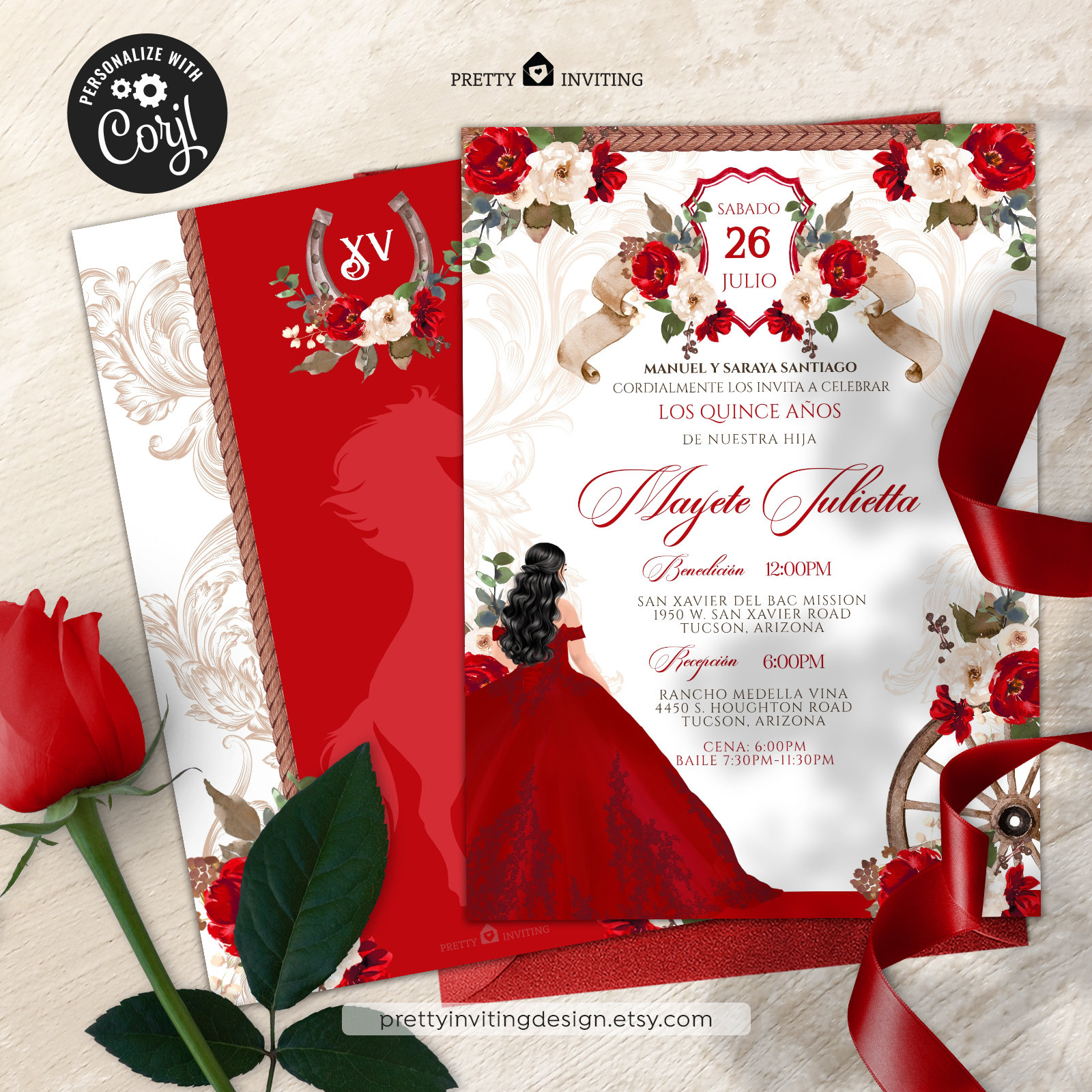 Red Charro Quinceanera Invitation, Red Western Quince, Ruby Red Floral ...