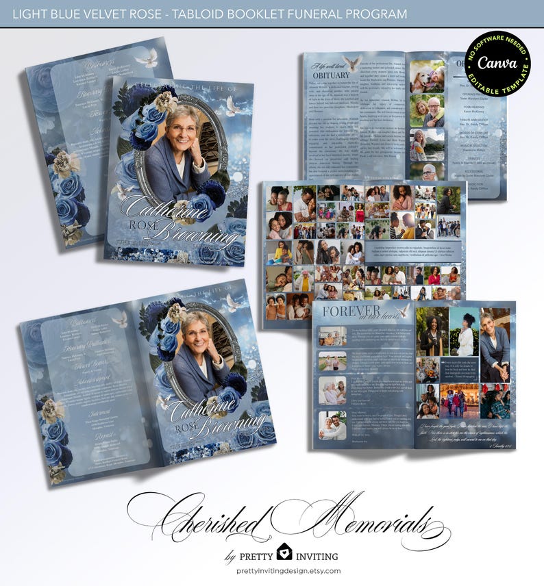 Feminine Funeral Program, Tabloid Size, in Loving Memory, Light Blue ...
