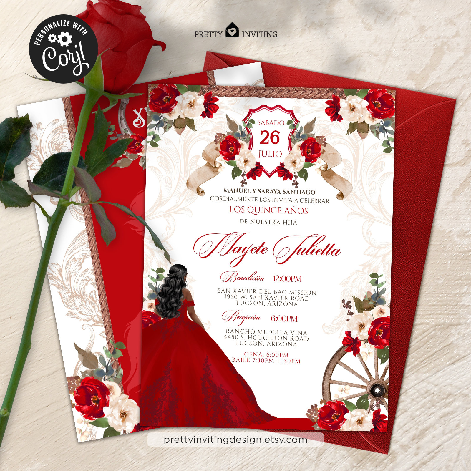 Red Charro Quinceanera Invitation, Red Western Quince, Ruby Red Floral ...