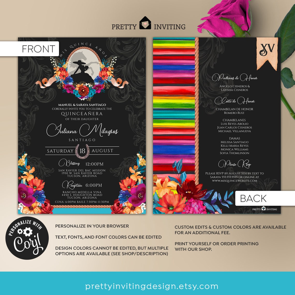 Fiesta Floral Colorful Charro, Serape, Mis XV Bright Embroidery Floral ...
