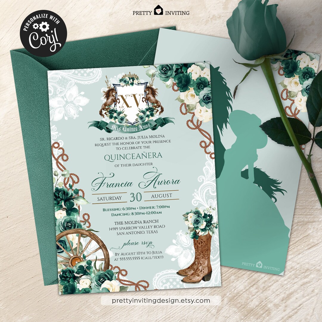 Invitación de quinceañera con escudo floral verde esmeralda, elegante ...