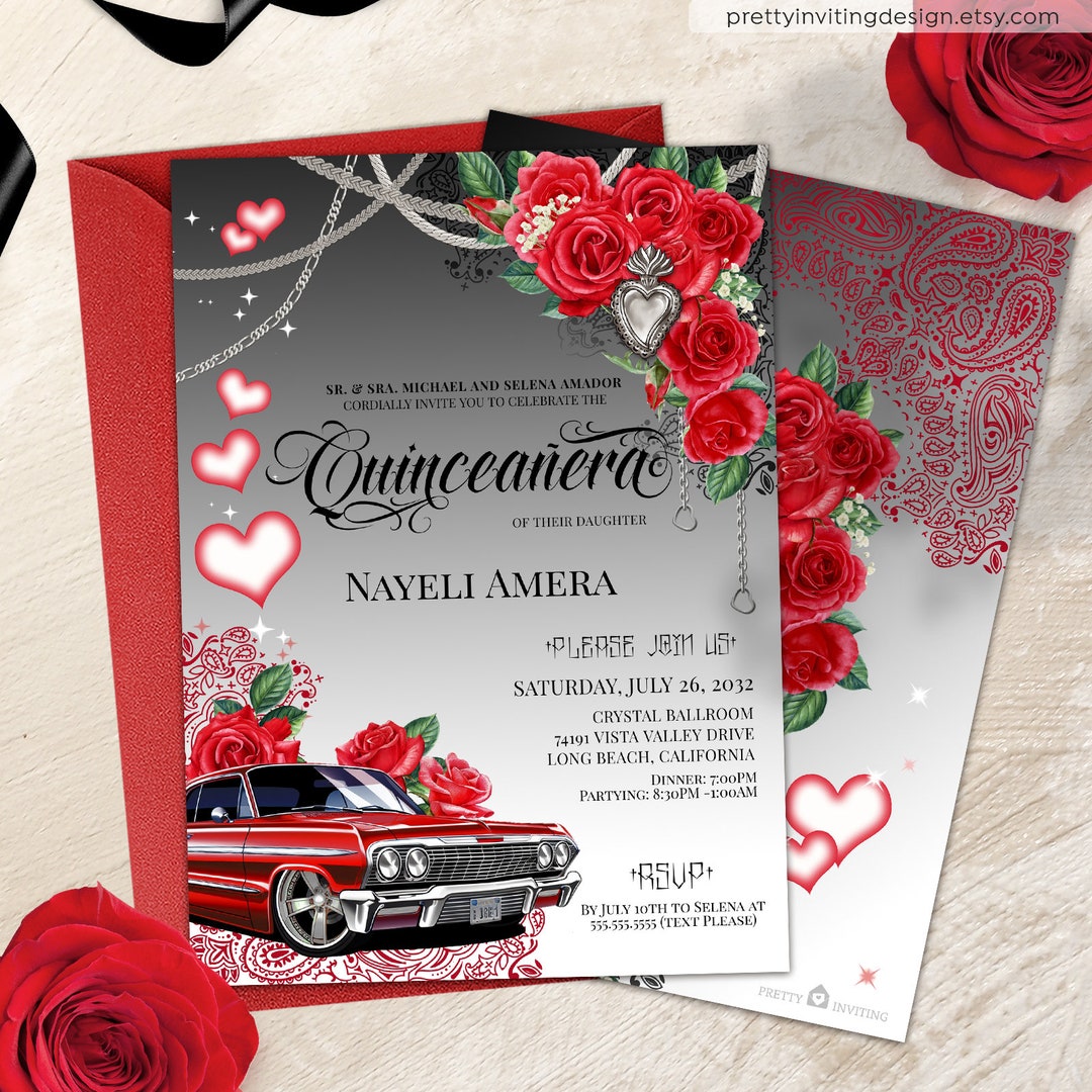 Lowrider Chicana Quinceanera Red Rose And Red Old School Impala Sacred Heart Classic Car Red