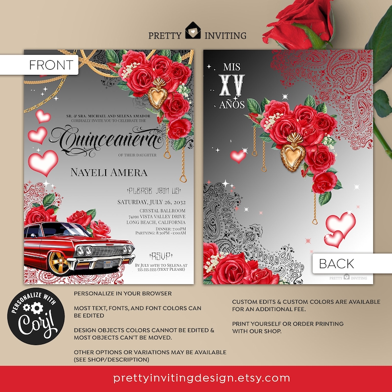 Lowrider Chicana Quinceanera, Red Rose & Red Old School Impala, Sacred ...