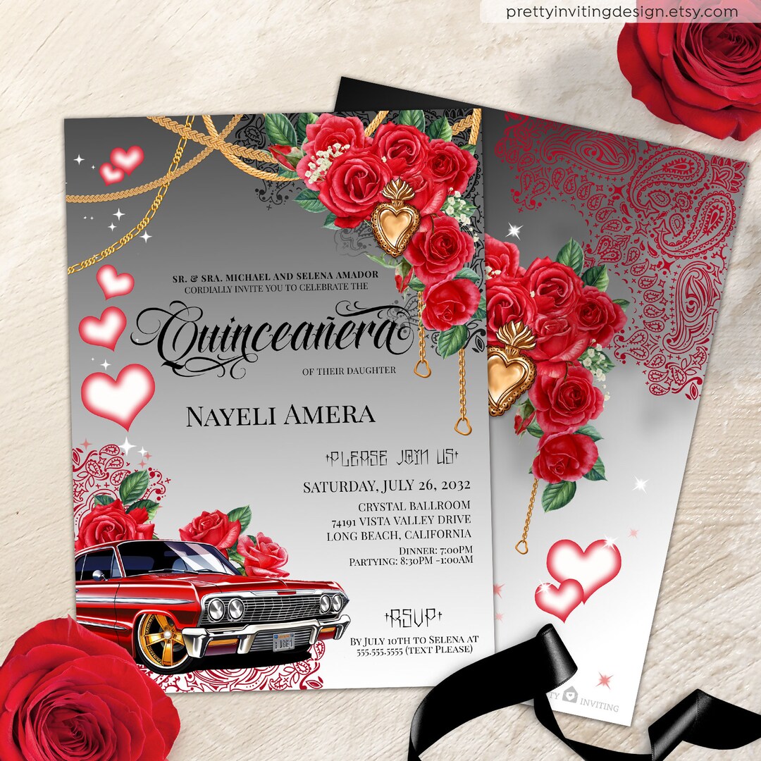 Lowrider Chicana Quinceanera, Red Rose & Red Old School Impala, Sacred ...