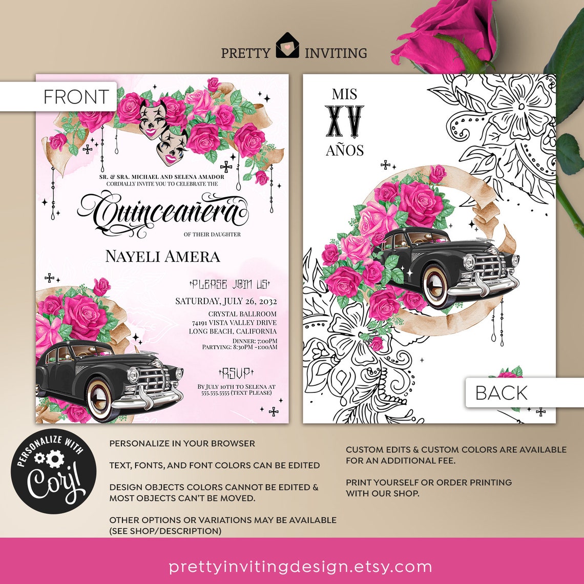Oldies Lowrider Quinceanera Invitation, Pachuco Quinceanera, Pink Rose ...