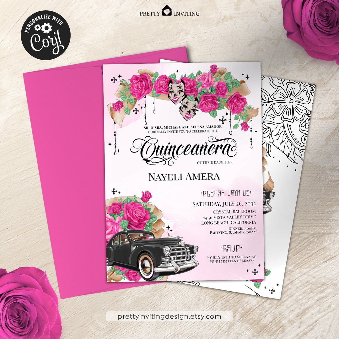 Oldies Lowrider Quinceanera Invitation, Pachuco Quinceanera, Pink Rose ...