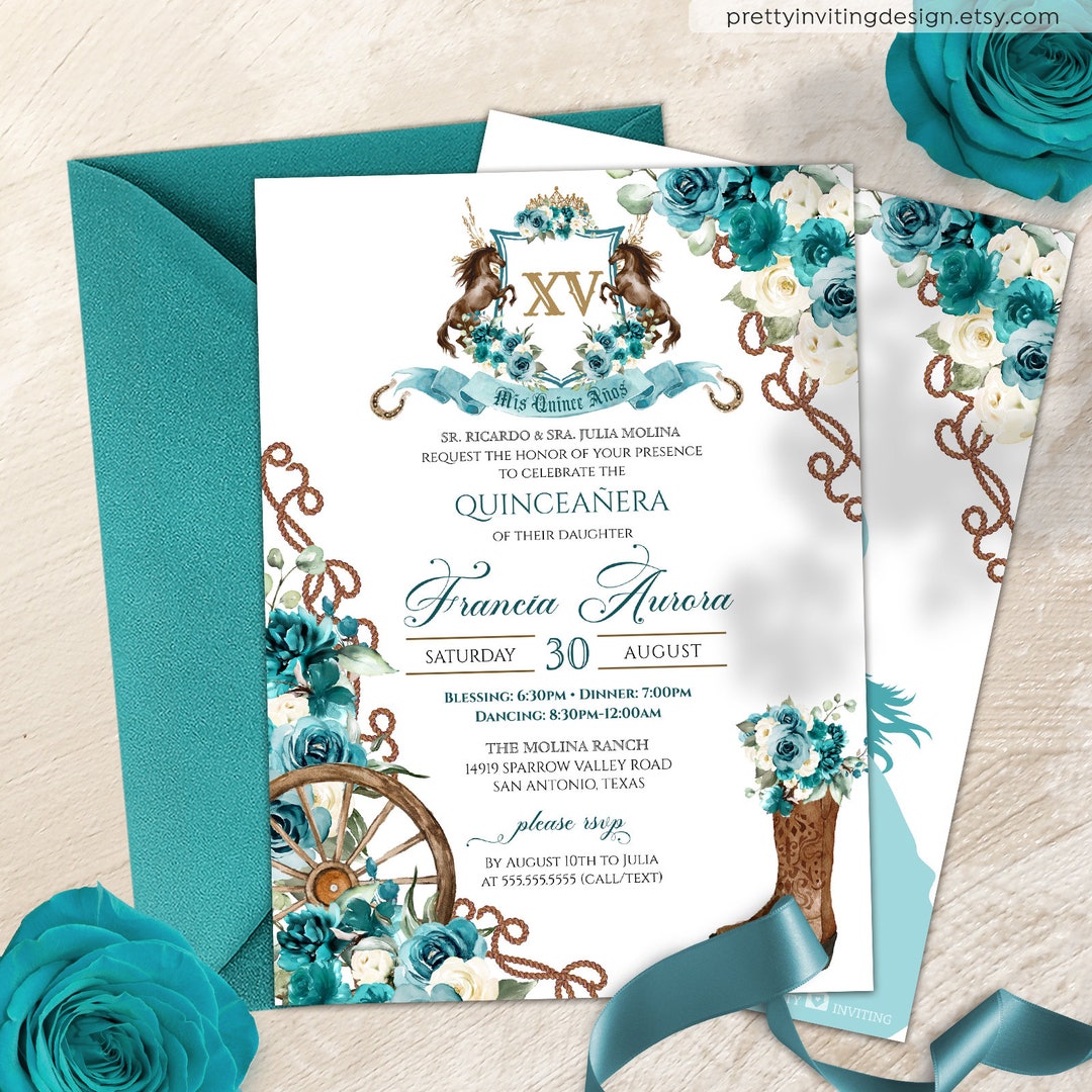 Invitación de quinceañera con escudo floral turquesa, botas vaqueras de ...