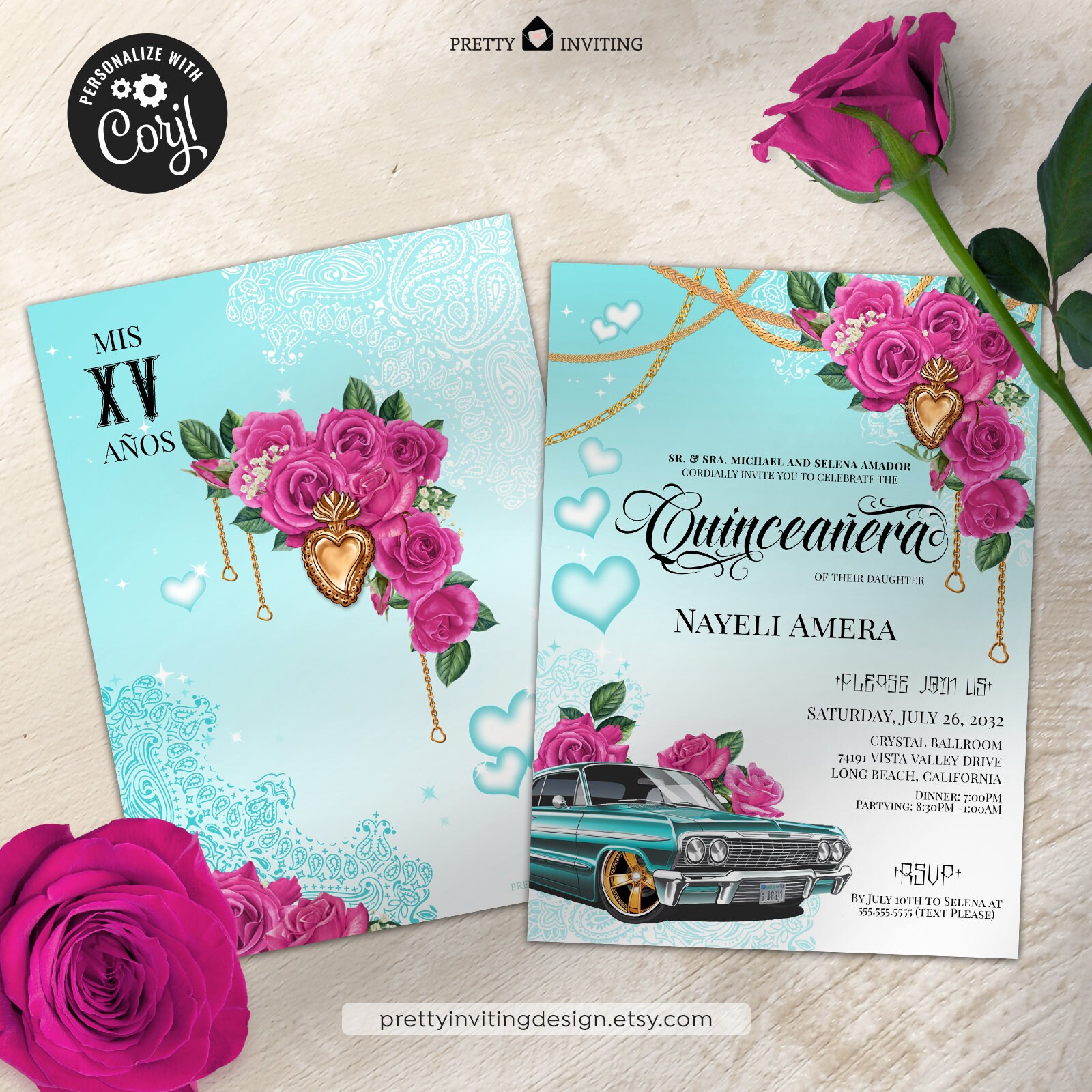 Lowrider Chicana Quinceanera Invitation, Hot Pink Rose & Light Blue ...