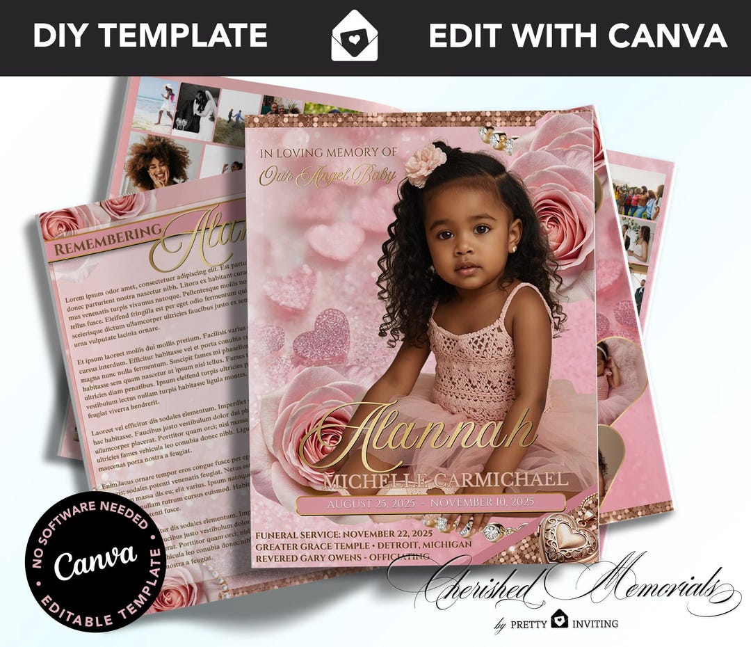 Child Funeral Memorial Program, Little Girl Obituary Design, Blush Pink ...