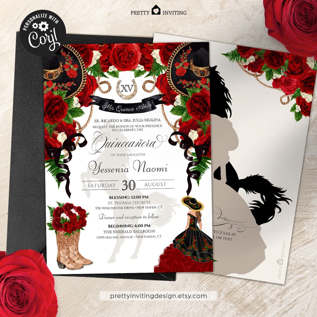 Mariachi Black and Red Charro Elegant Floral Quince Birthday Invite ...
