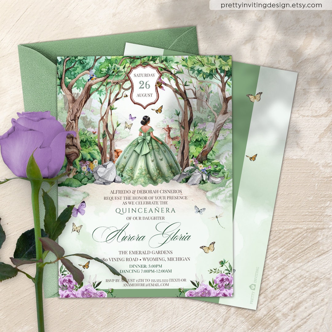 Enchanted Forest Sage Green & Lavender Quinceanera Invitation, Magical ...