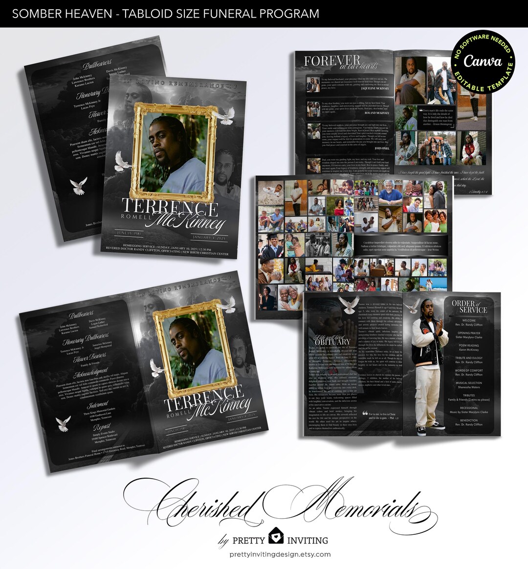 Black Tabloid Funeral Memorial Program Booklet, Obituary Design for Men ...