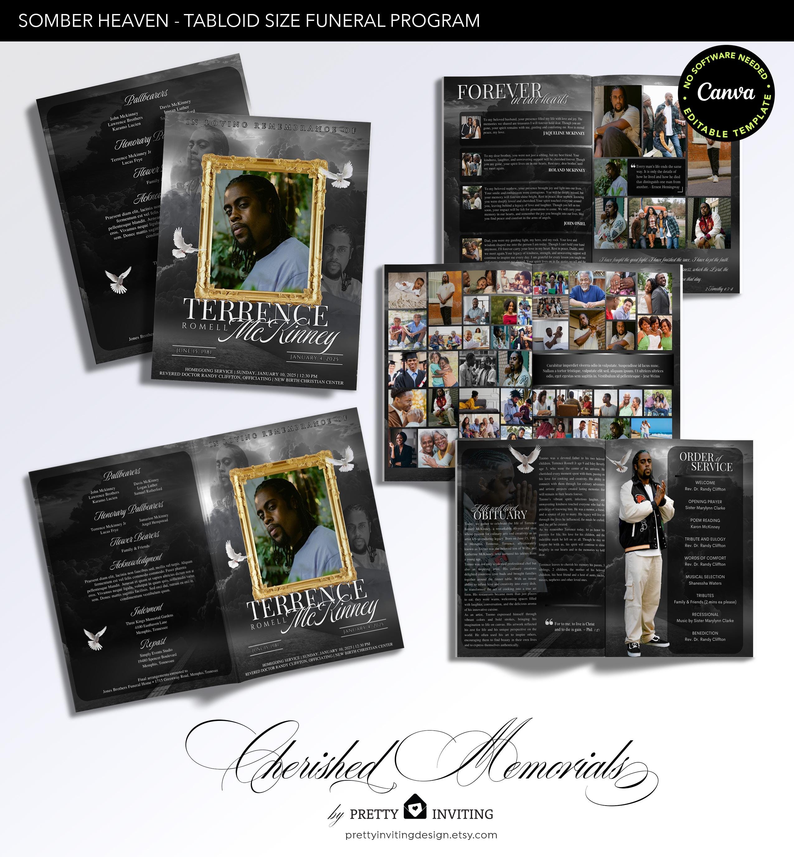 Black Tabloid Funeral Memorial Program, 8.5" X 11" Bifold, Somber ...