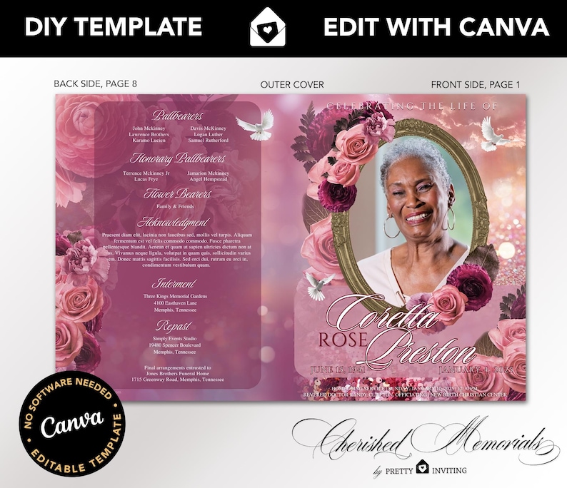 Feminine Funeral Program, Tabloid Size 8.5"x11", in Loving Memory ...
