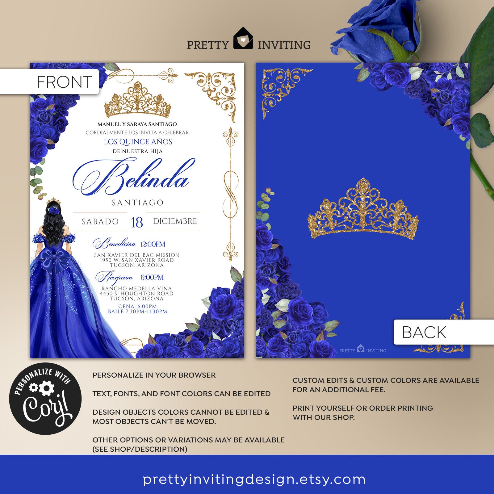 EDITABLE- Elegant Blue Rose Quinceanera, Luxe Blu and Gold Tiara 15th ...
