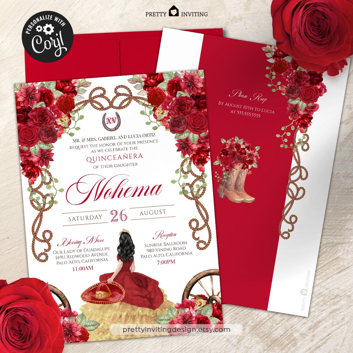 EDITABLE: Red Charro Quinceañera Invitation, Fancy Red Floral, Charro ...