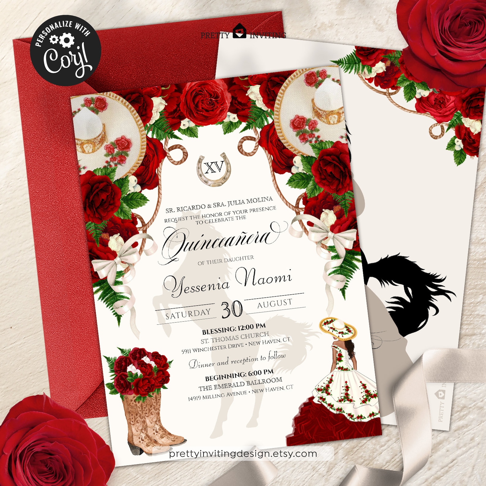 Mariachi White and Red Charro Elegant Floral Quince Birthday Invite ...