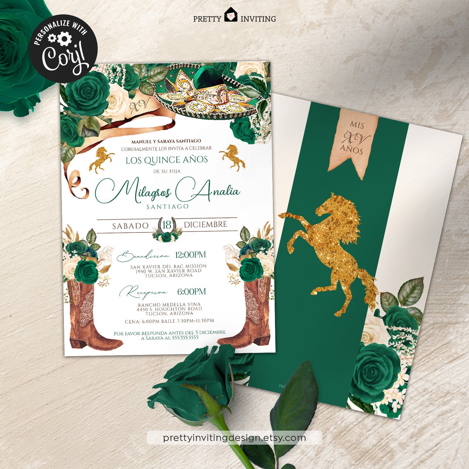 Emerald Green Rose Fancy Charro, Mariachi Country Western, Mis XV Green ...