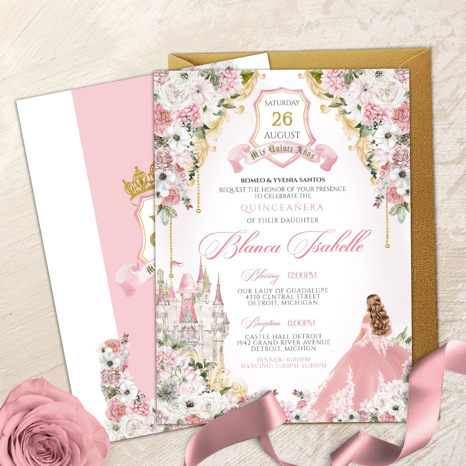 Pink Princess Quinceanera Invitation, Blush Pink Royal Elegant ...