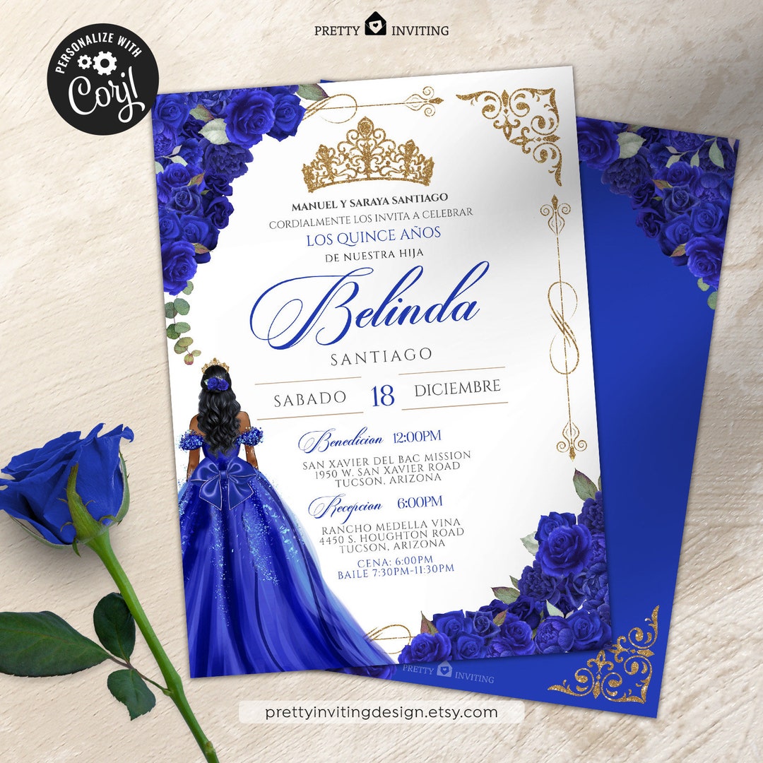 EDITABLE- Elegant Blue Rose Quinceanera, Luxe Blue and Gold Tiara 15th ...