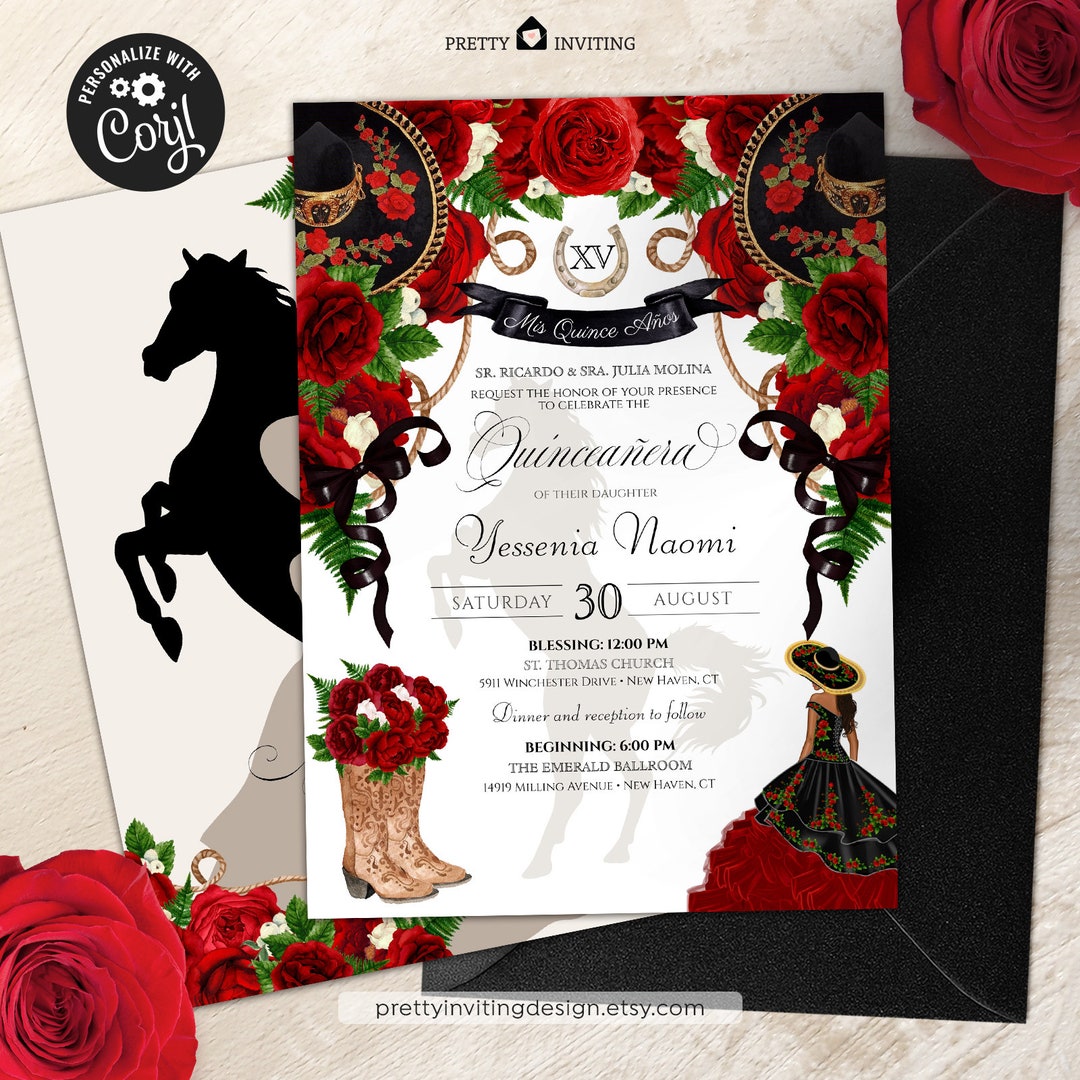 Mariachi Black and Red Charro Elegant Floral Quince Birthday Invite ...