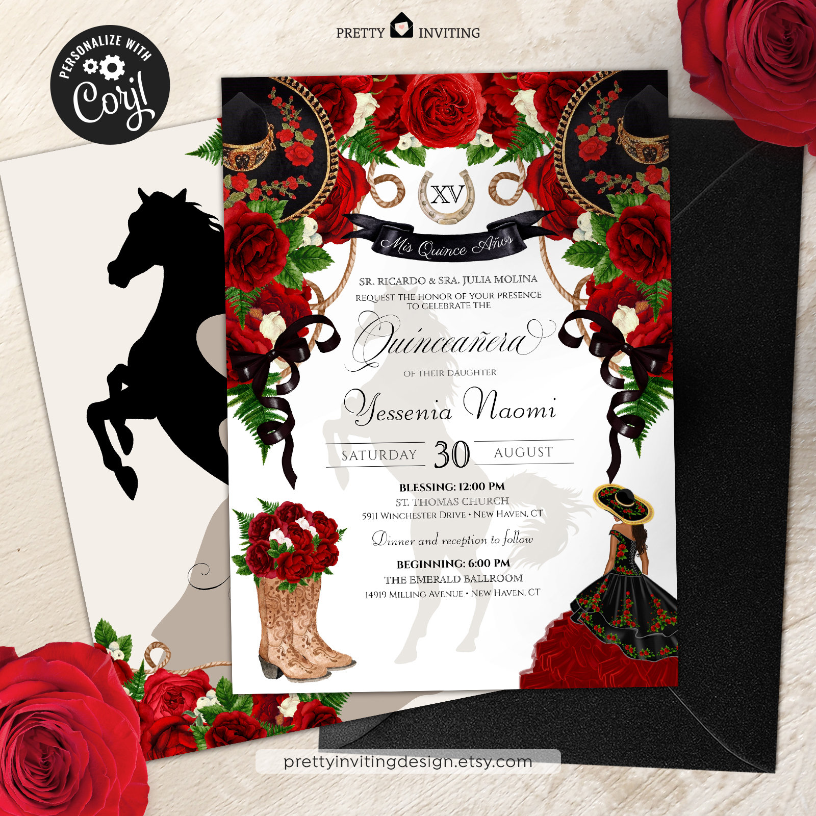 Mariachi Black and Red Charro Elegant Floral Quince Birthday Invite ...