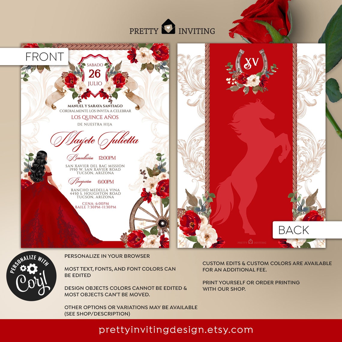 Ruby Red Charro Quinceanera Invitation, Red Western Quince, Red Floral ...