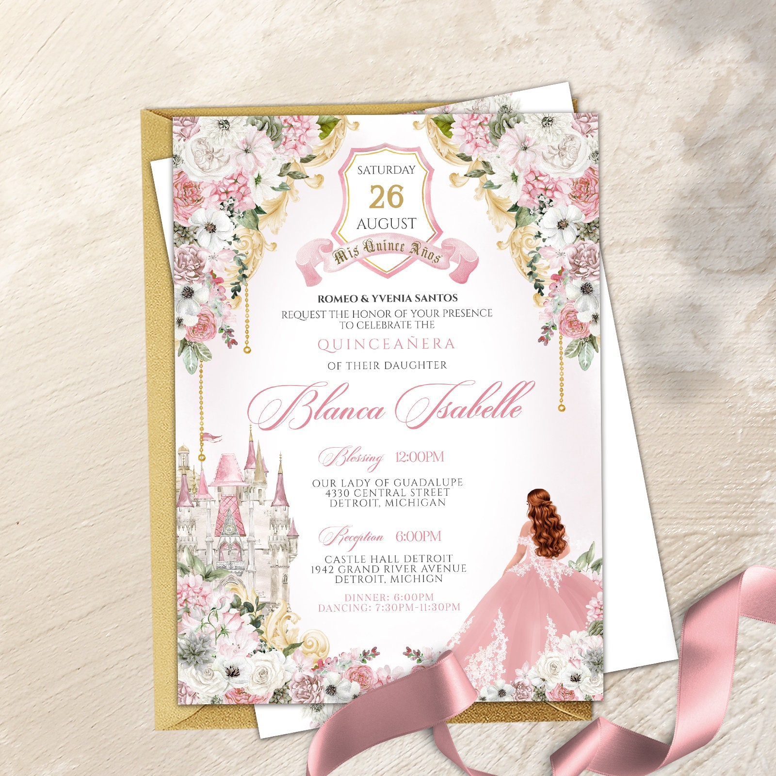 Pink Princess Quinceanera Invitation, Blush Pink Royal Castle ...