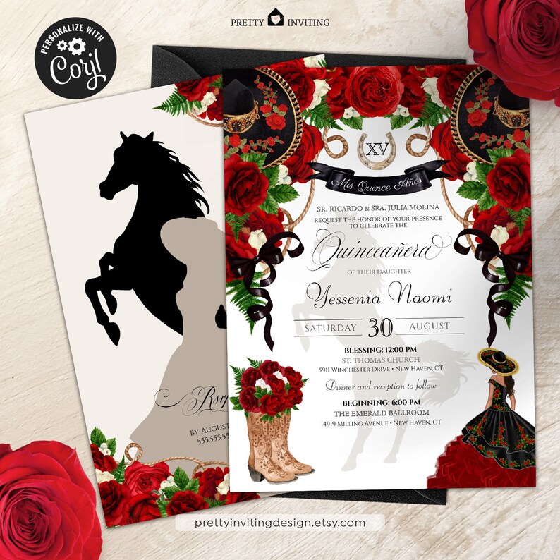 Mariachi Black and Red Charro Elegant Floral Quince Birthday Invite ...